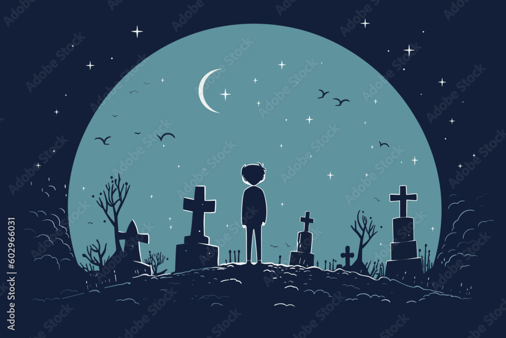 Doodle inspired Exorcist at graveyard, cartoon sticker, sketch, vector ...