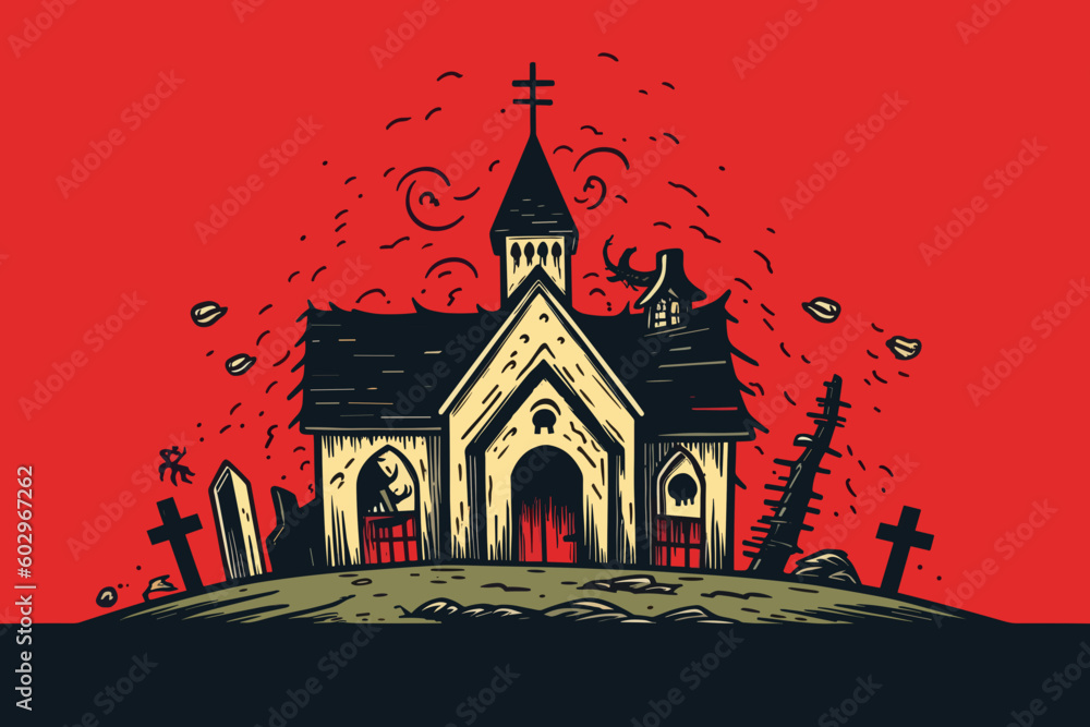 Vetor de Doodle inspired Exorcist at church, cartoon sticker, sketch ...