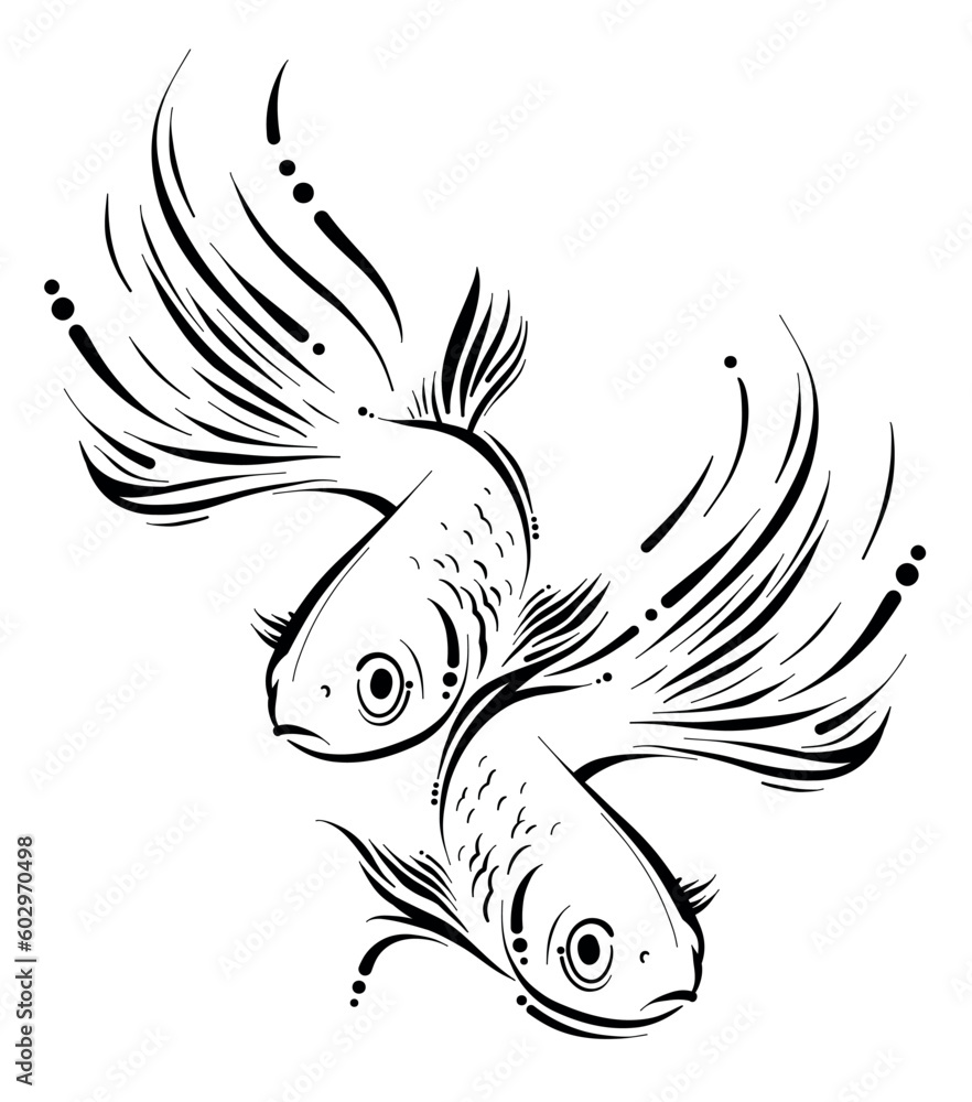 Abstract uncolored zodiac sign fish vector illustration out line art ...