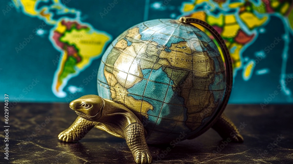 Artificial turtle. Turtle shell as a globe, planet earth. Alternate ...