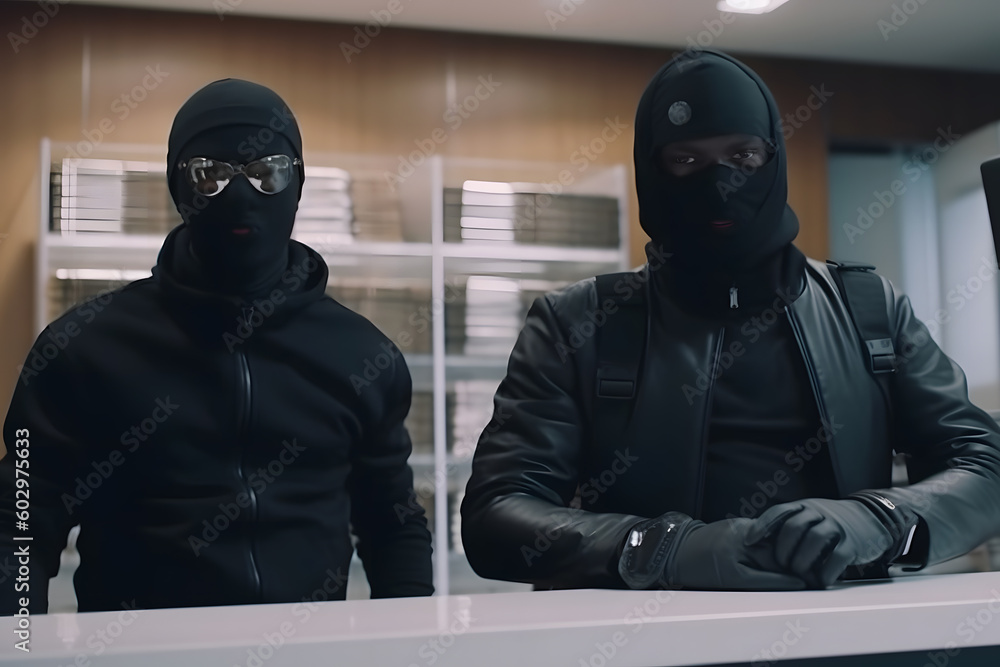 Bank robbery of the century. Criminal man in a hidden mask holding the ...