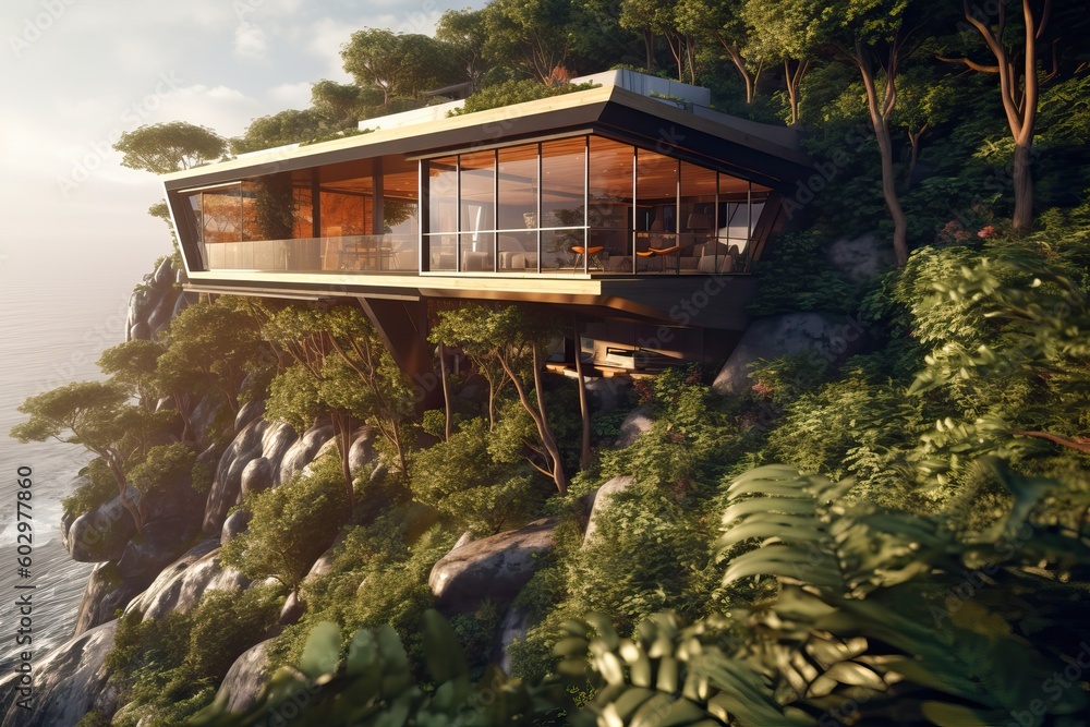 Magnificent modern house built on a cliff, generative ai Stock ...