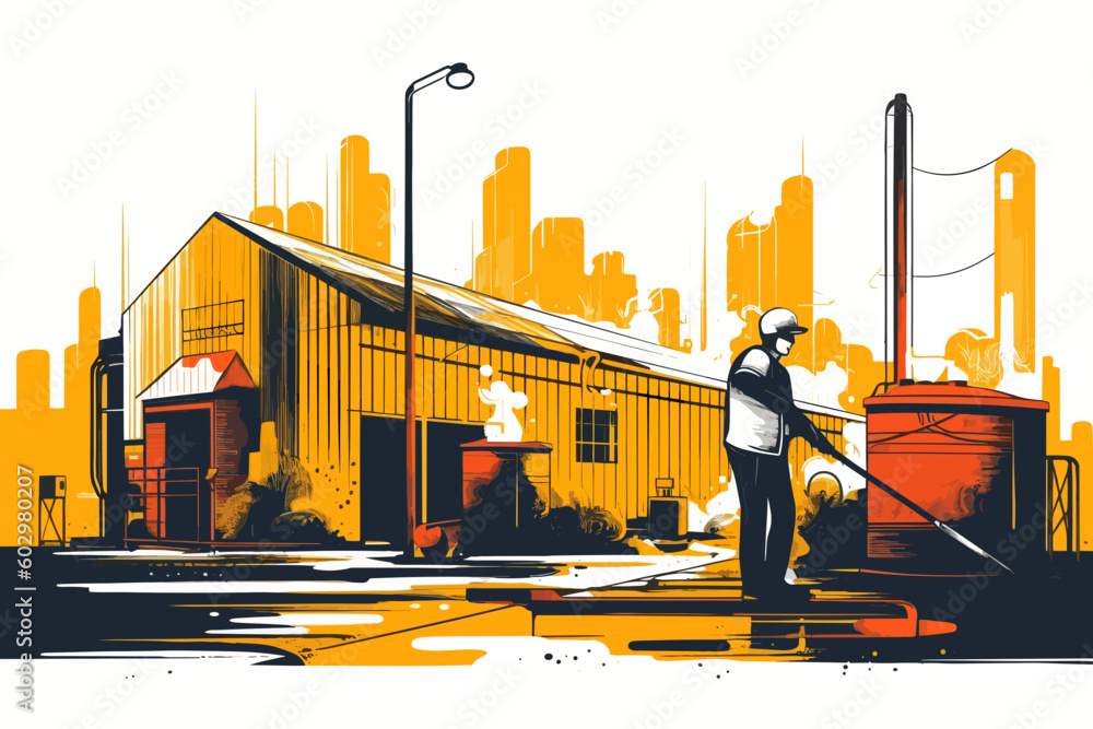 Doodle inspired Janitor at factory, cartoon sticker, sketch, vector ...