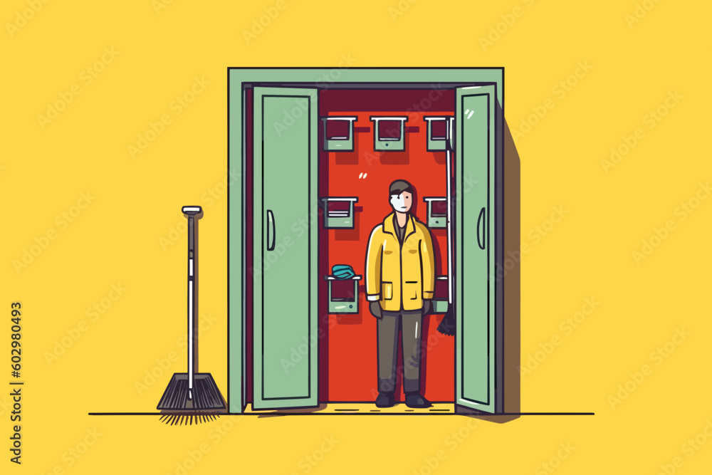 Doodle inspired Janitor at janitors closet, cartoon sticker, sketch ...