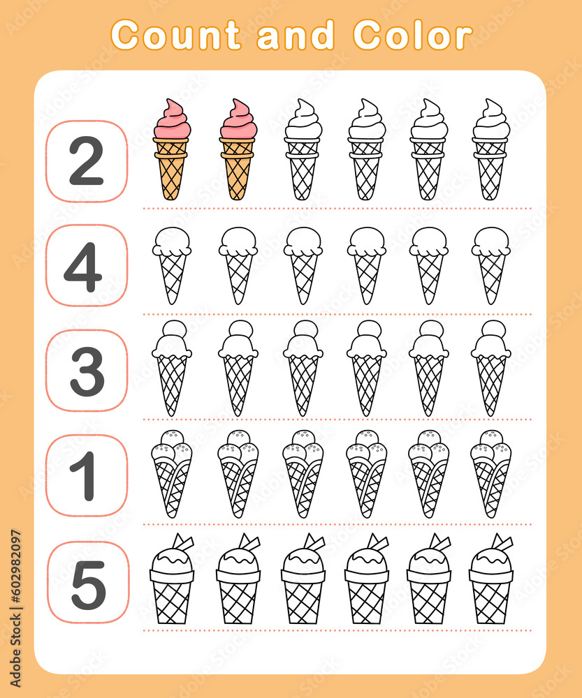 Count and color educational children activity with cute ice creams ...