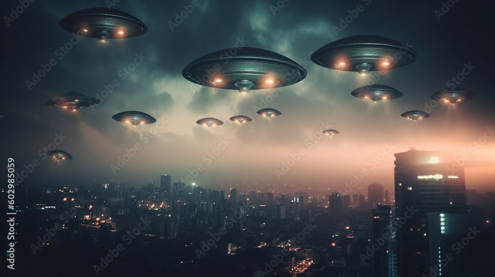 Alien invasion scene on big city background. UFO like a big flying ...