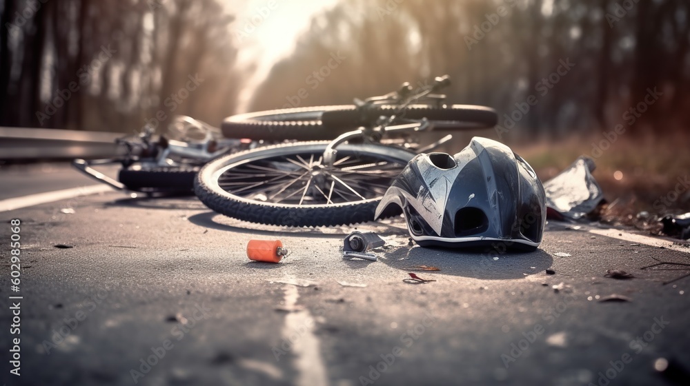 Bicycle crash road accident with broken bike and helmet. City ...