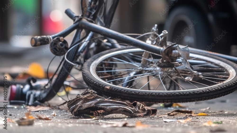 Road accident scene with destroyed bike. Bicycle crash on roadside ...