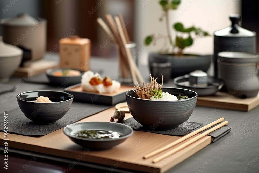 Modern asian tableware on the dining bar table. Japanese modern style ...