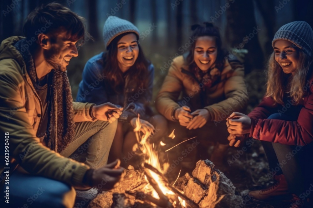 Group of friends talking and laughing around a campfire during autumn ...