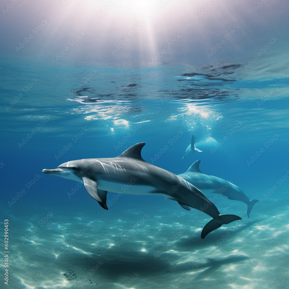 Generative AI, A dolphin and a dolphin are swimming in the ocean. Stock ...