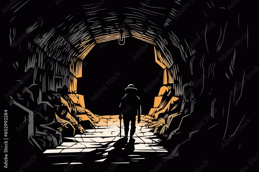 Doodle inspired Miner at underground tunnel, cartoon sticker, sketch ...