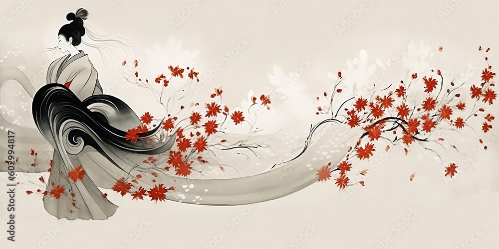 Kimono drawing, simplistic Japanese aesthetic art on a white textured ...