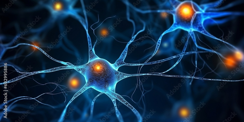 Conceptual illustration of neuron cells with glowing link knots. Blue ...