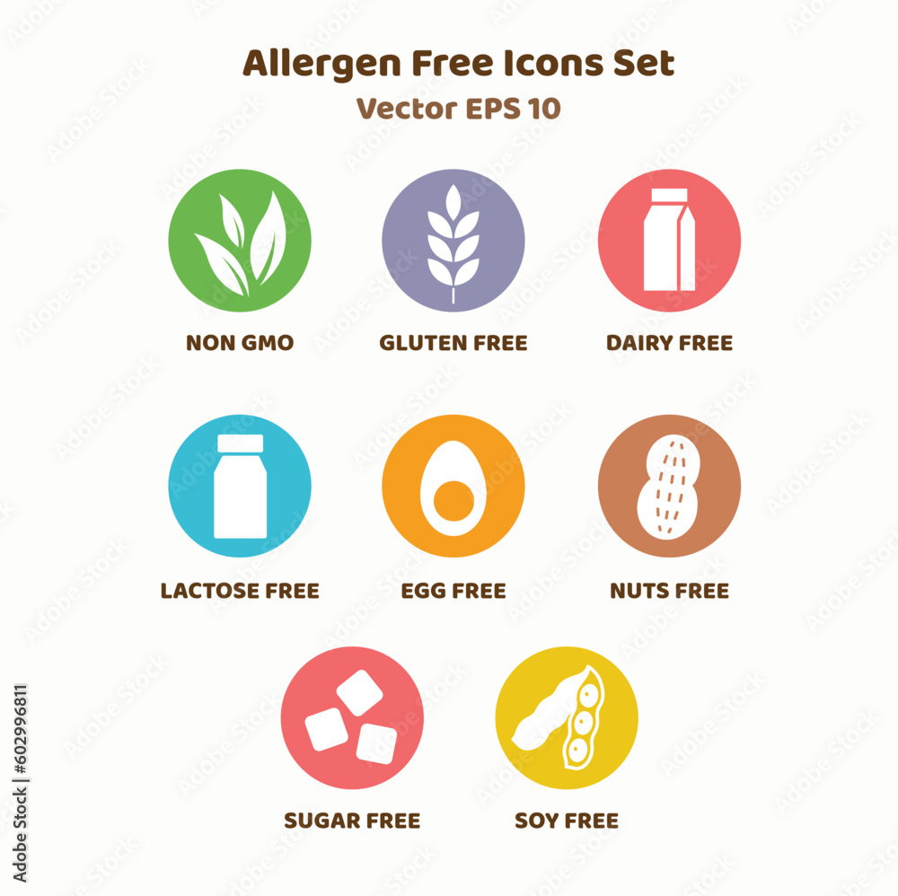 Allergen free label set. Sugar, gluten, GMO, lactose, soy, dairy, egg ...
