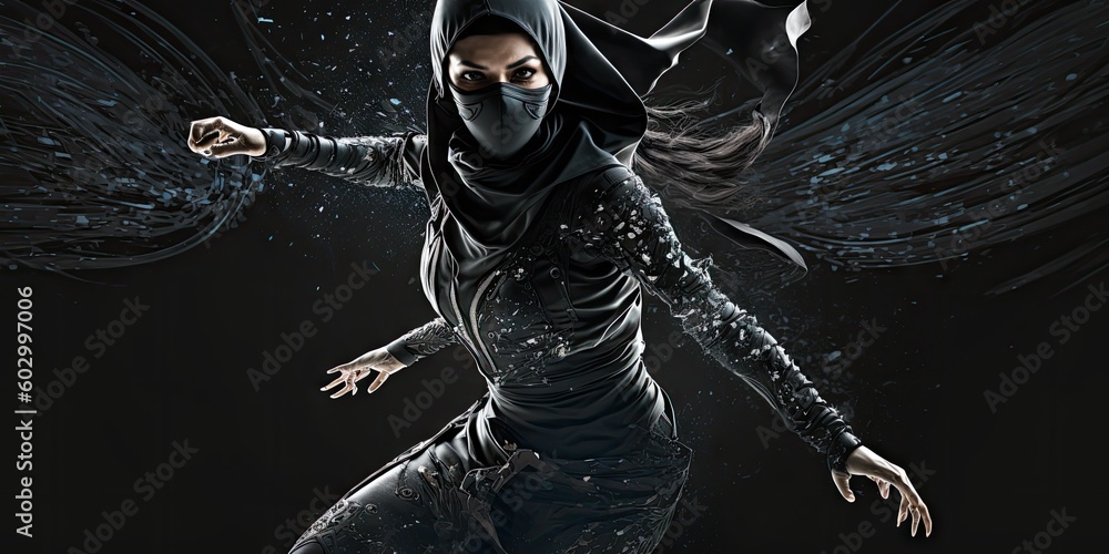 Ninja woman in full bodysuit isolated black background. Concept of ...