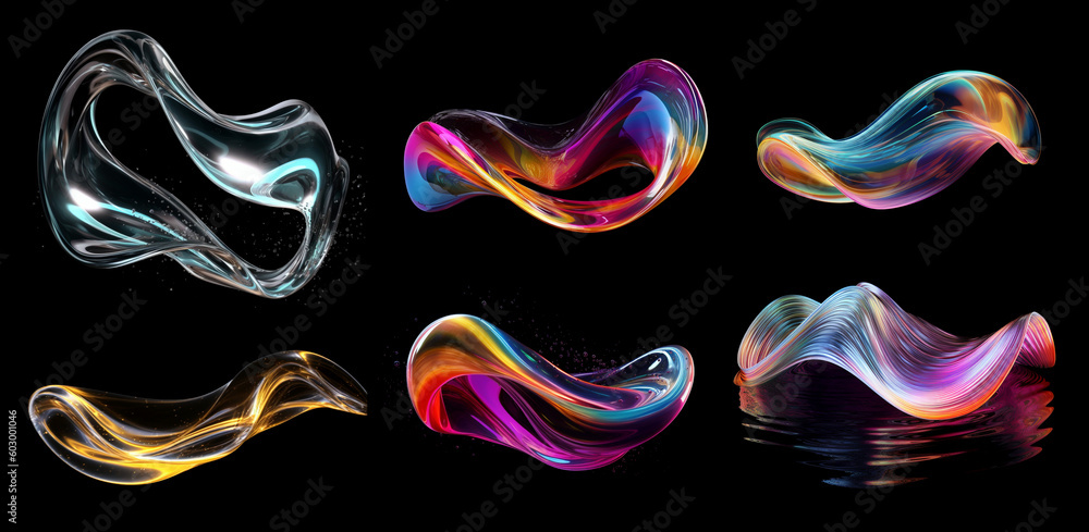 Transparent rainbow liquid flow shapes set isolated. Iridescent ...