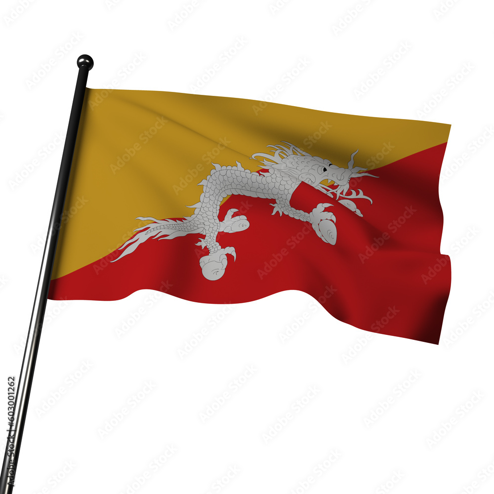 The flag of Bhutan flutters on a gray background. The wavy cloth effect ...