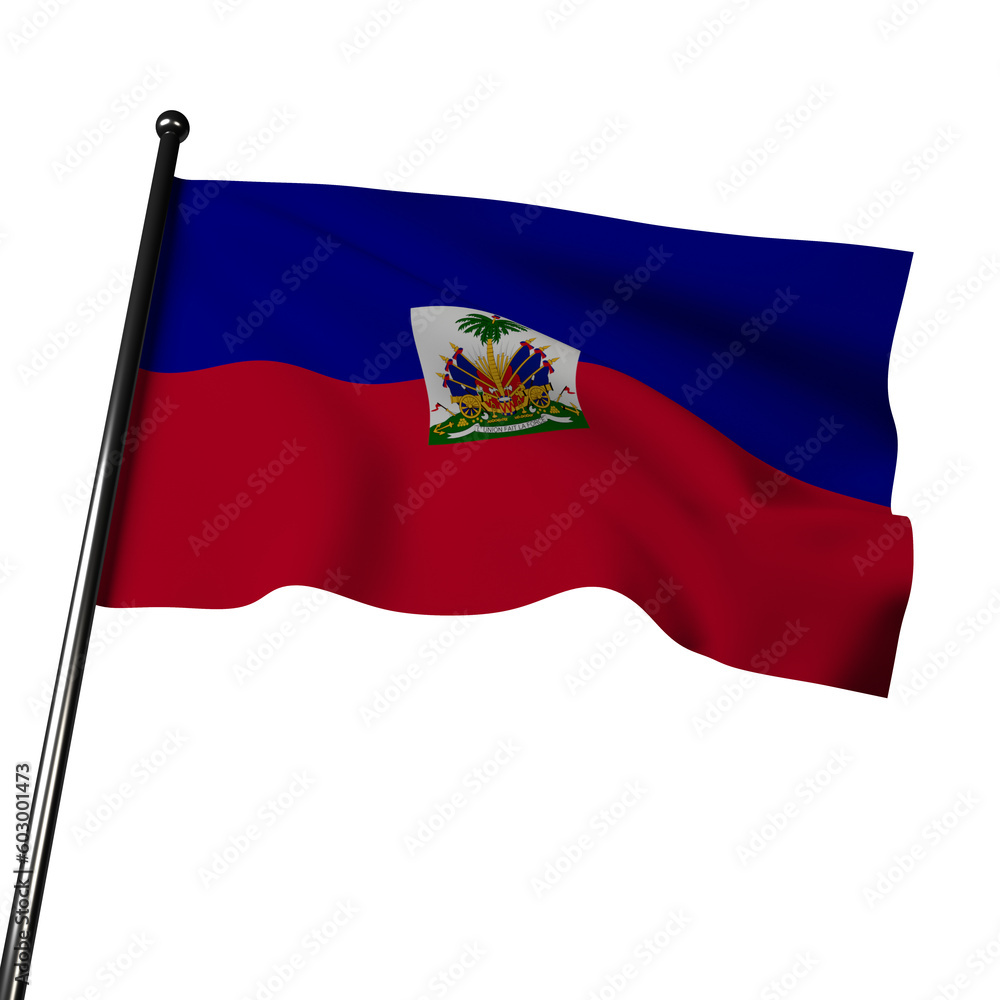 3D Haiti flag waving in the wind, isolated on gray. It has two ...