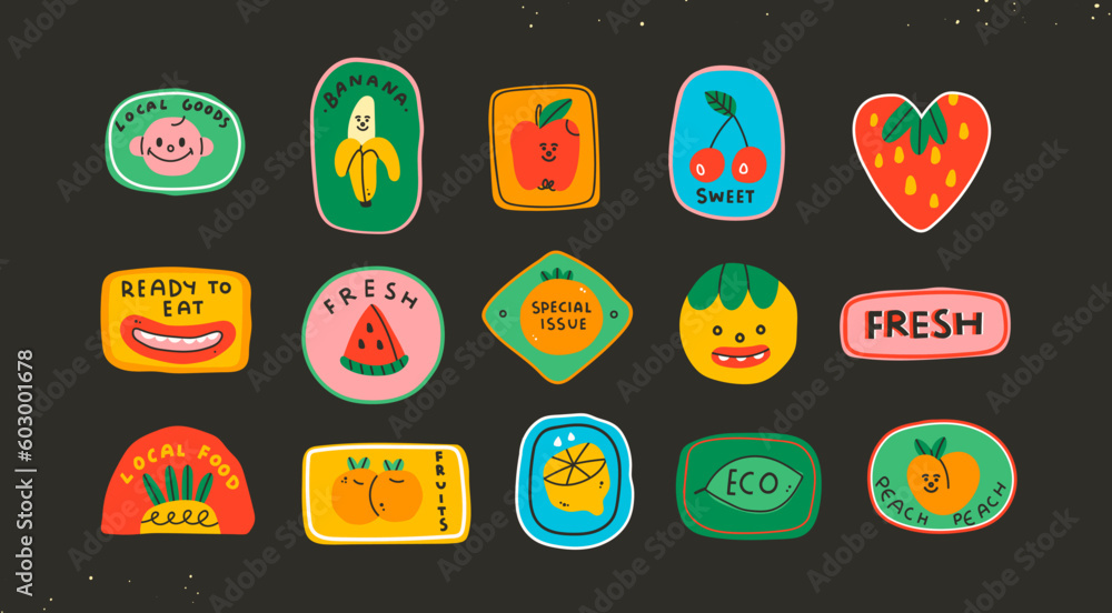 Set of various food Stickers. Colorful patch, tag, stamp, label, badge ...