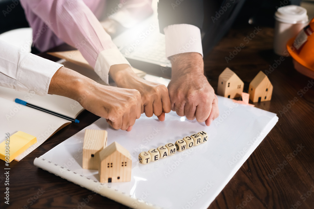 Professional business people and employee team stack hand together on ...