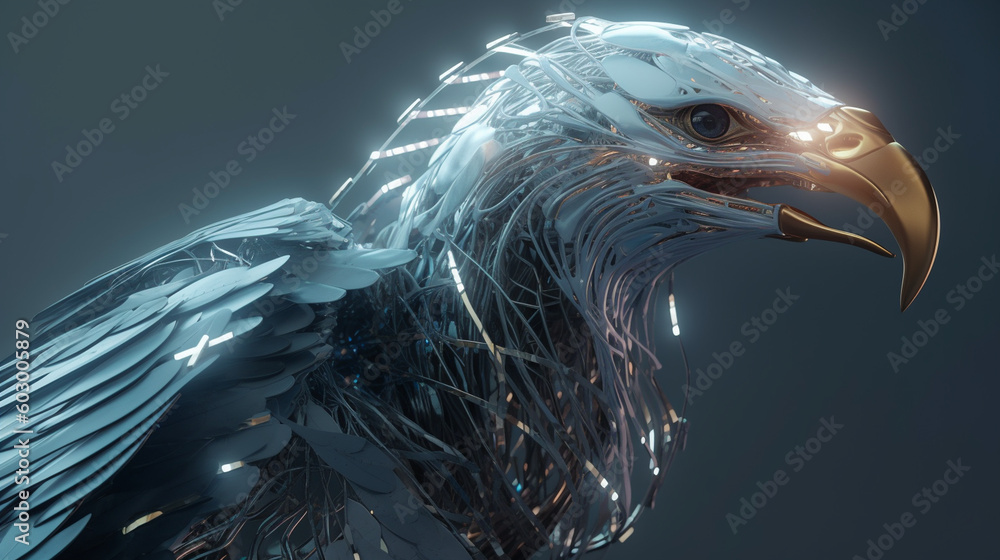 a futuristic eagle with a cybernetic beak and wings that can generate ...