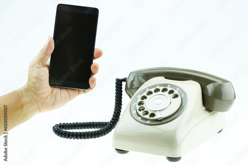 Old telephone or vintage telephone. The old telephone was changed by ...