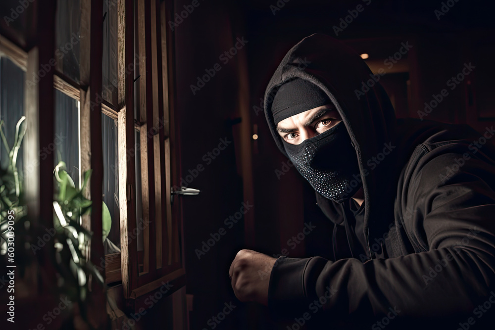 Burglar breaking into a house at night. Person in a black hoodie and ...