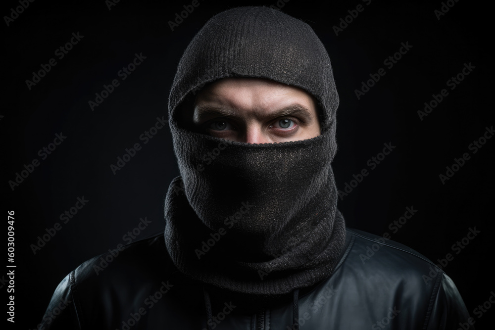 Mugshot of burglar wearing a balaclava closeup on black dark background ...