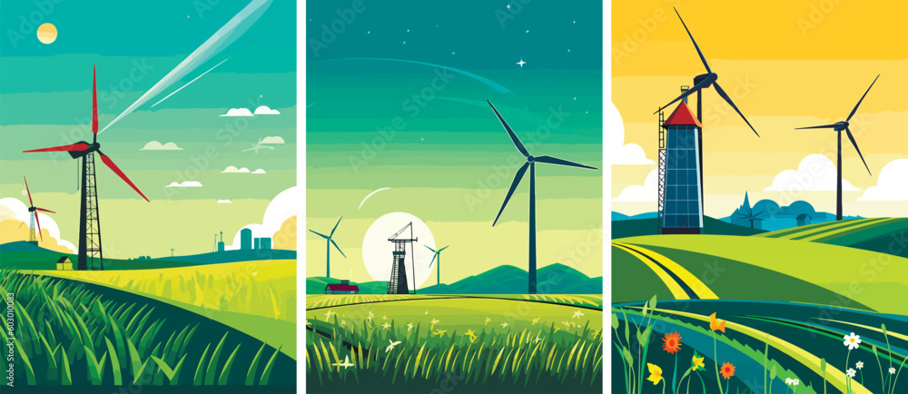 Wind power turbines and windmills vector illustration. A landscape with ...