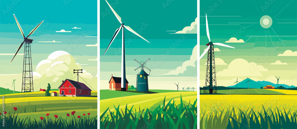 Wind power turbines and windmills vector illustration. A landscape with ...