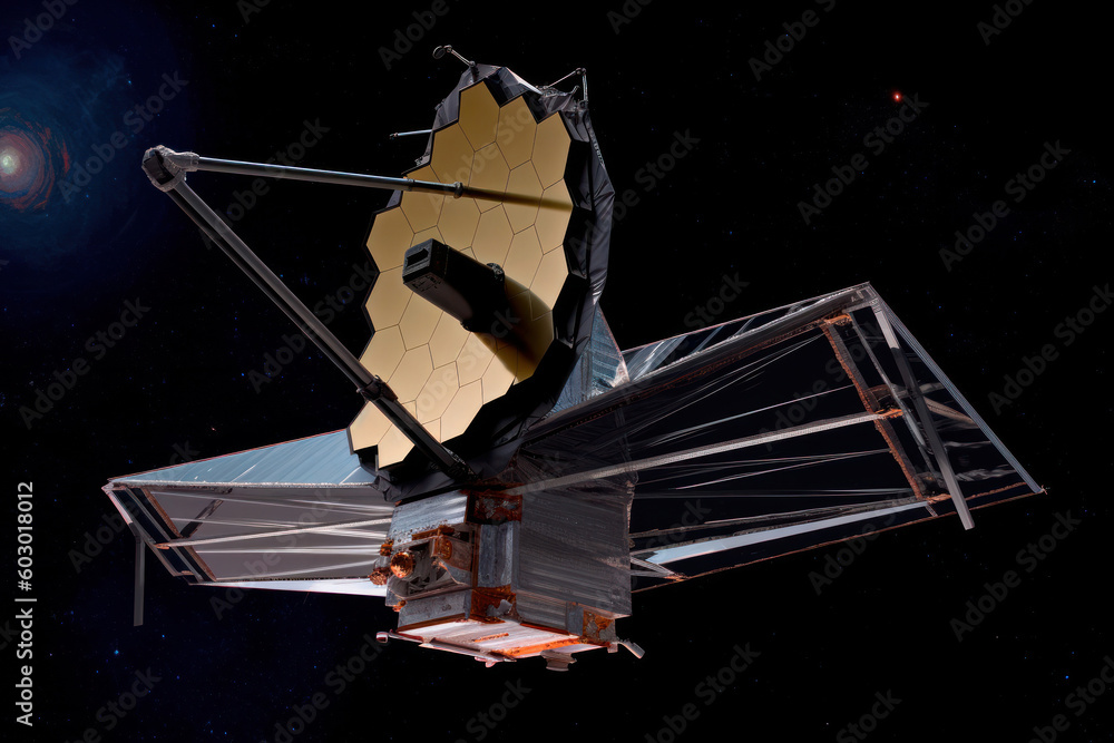 James Webb telescope in outer space on orbit of Earth at night. Planet ...
