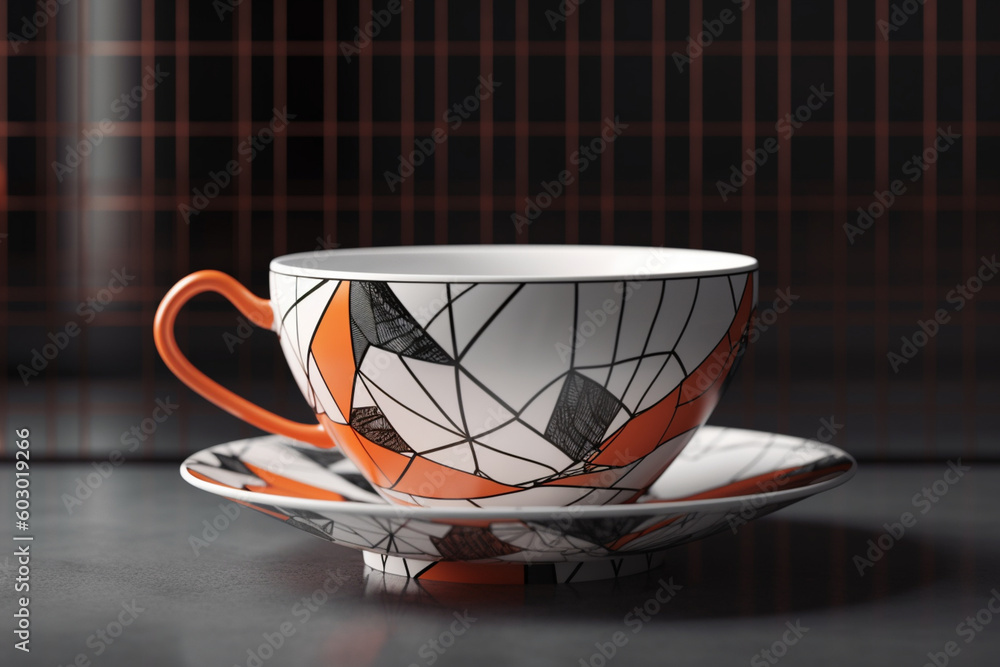 An abstract tea cup design with bold geometric shapes and lines ...