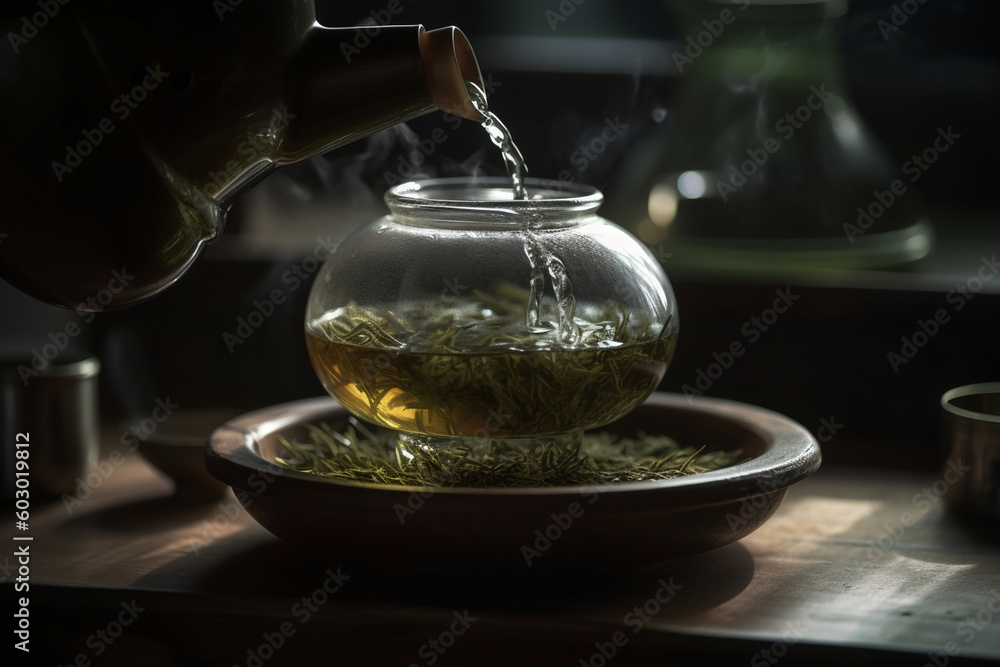 A meditative moment captured as tea leaves gracefully unfurl in a glass ...