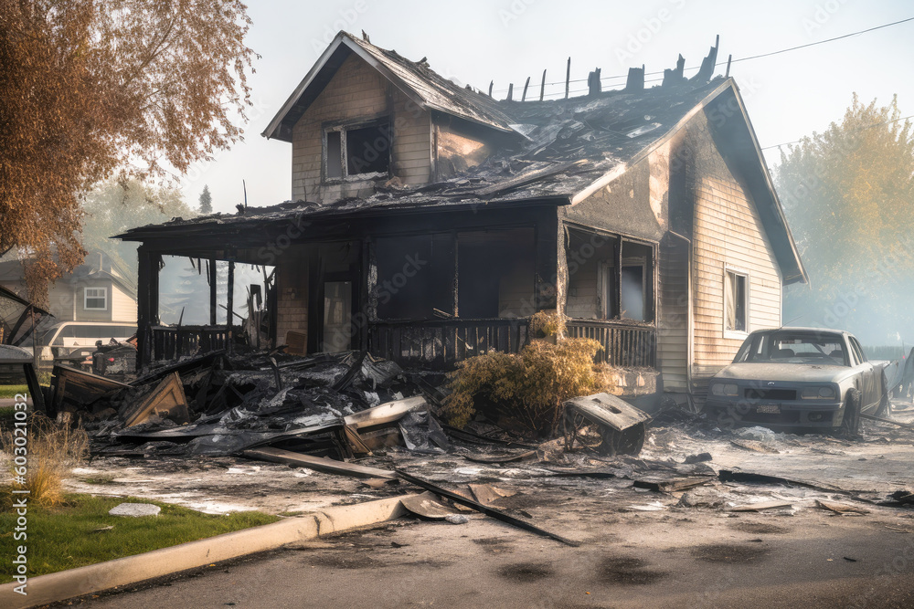 Aftermath of a house fire. Ruined house exterior and interior in ...