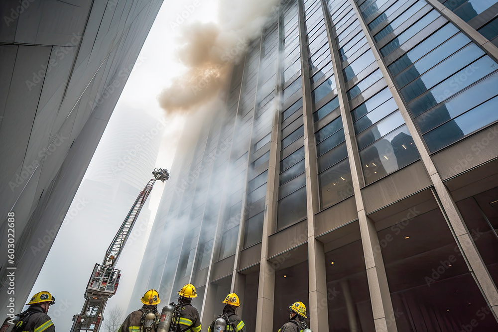 Firefighters putting out a office building fire. Group of firefighters ...