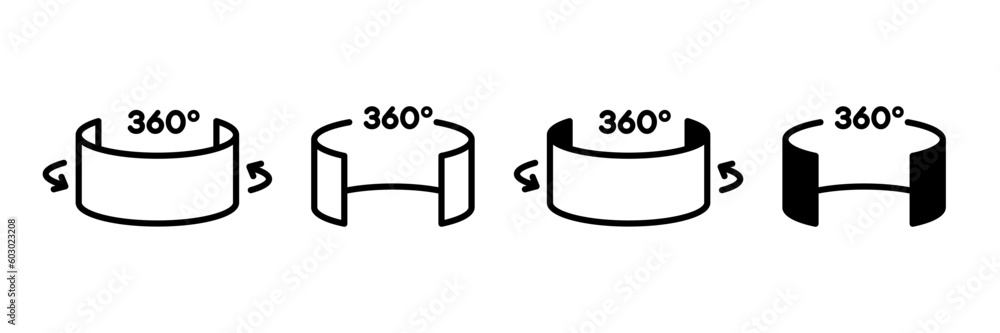 360 degree and 3d panorama vector icon set. Panoramic rotation symbol ...
