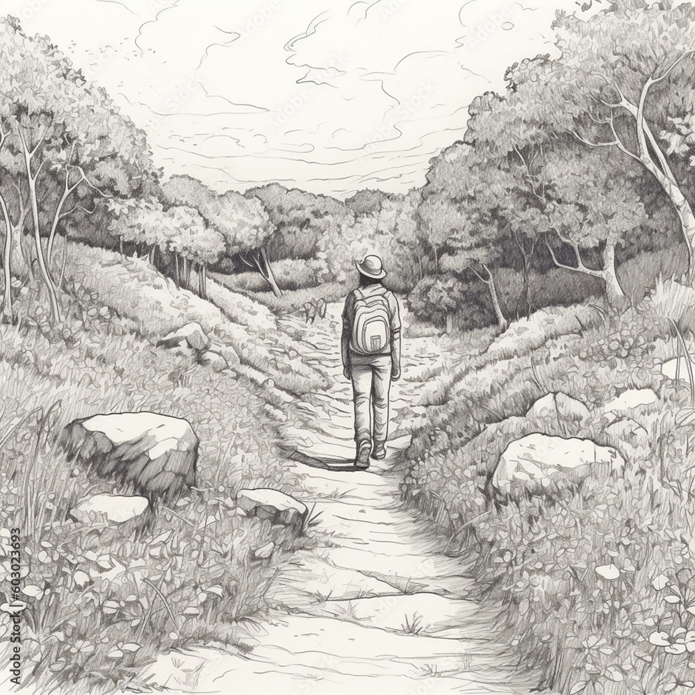 A man was walking on a narrow path. Trees and shrubs grow along the ...