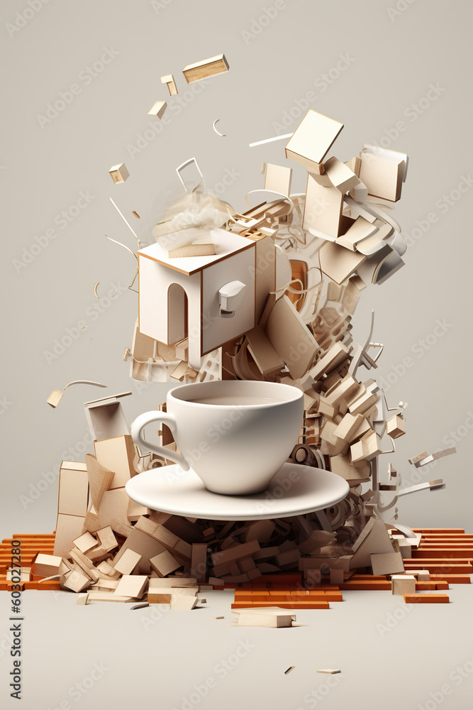 A cup and saucer with a broken wall in the background. Generative AI ...