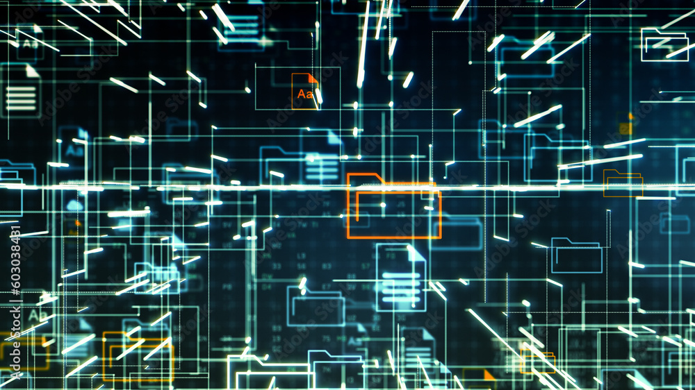 abstract network grid with files and folders, futuristic software ...