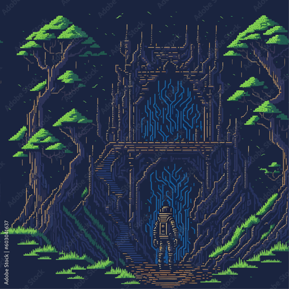 Adventure Retro computer games level, Pixel art video game scene Stock ...