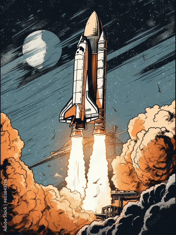 Comic style drawing of a rocket or spaceship taking off into the air ...