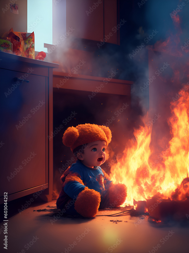 A fire in an apartment, a children's toy teddy bear in front of a fire ...