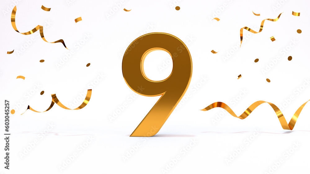 Happy 9 birthday party celebration. Gold numbers with glitter gold ...
