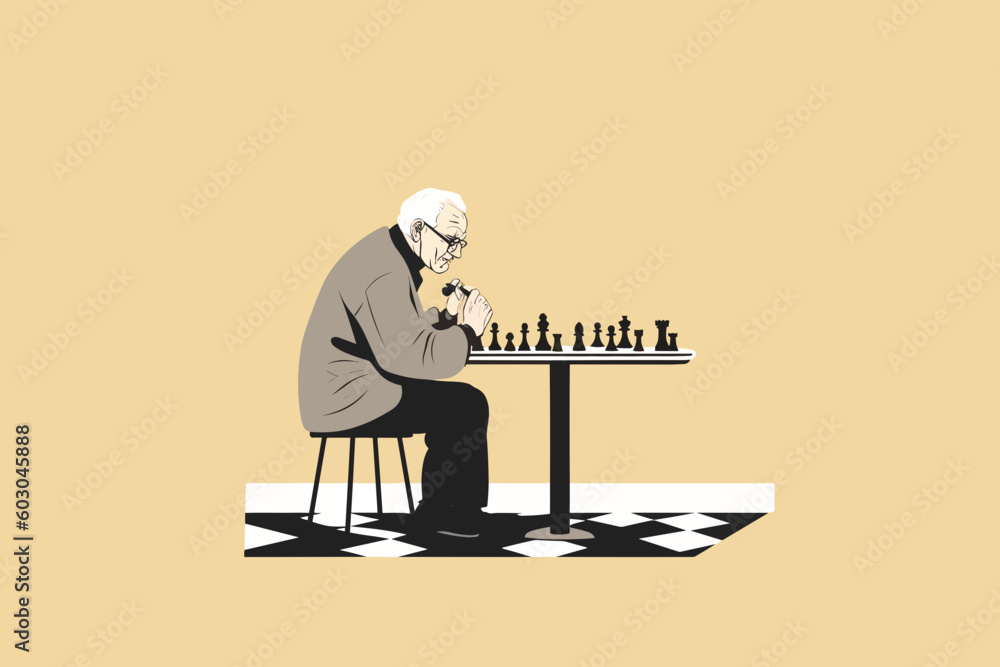 Doodle inspired Elderly man playing chess, cartoon sticker, sketch ...