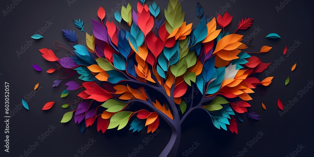 Colorful tree with leaves on hanging branches of blue, white and golden ...