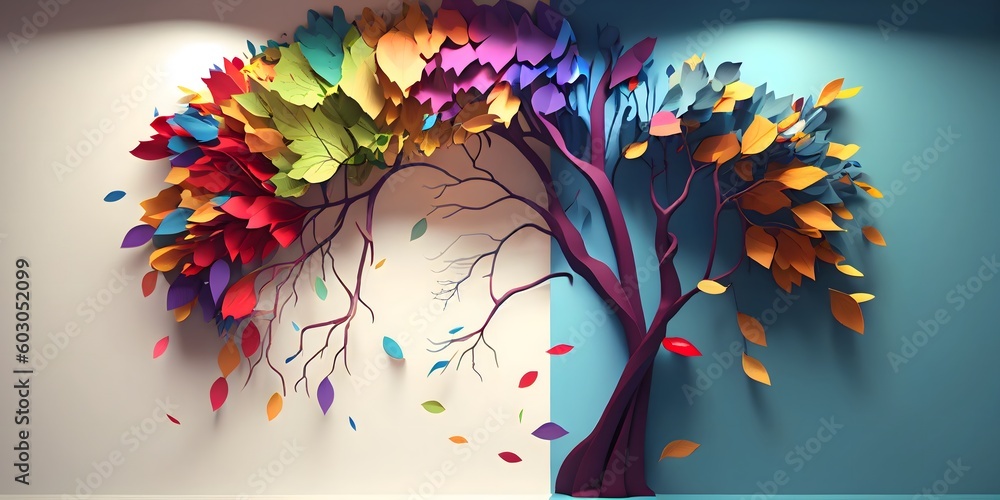 Colorful tree with leaves on hanging branches of blue, white and golden ...