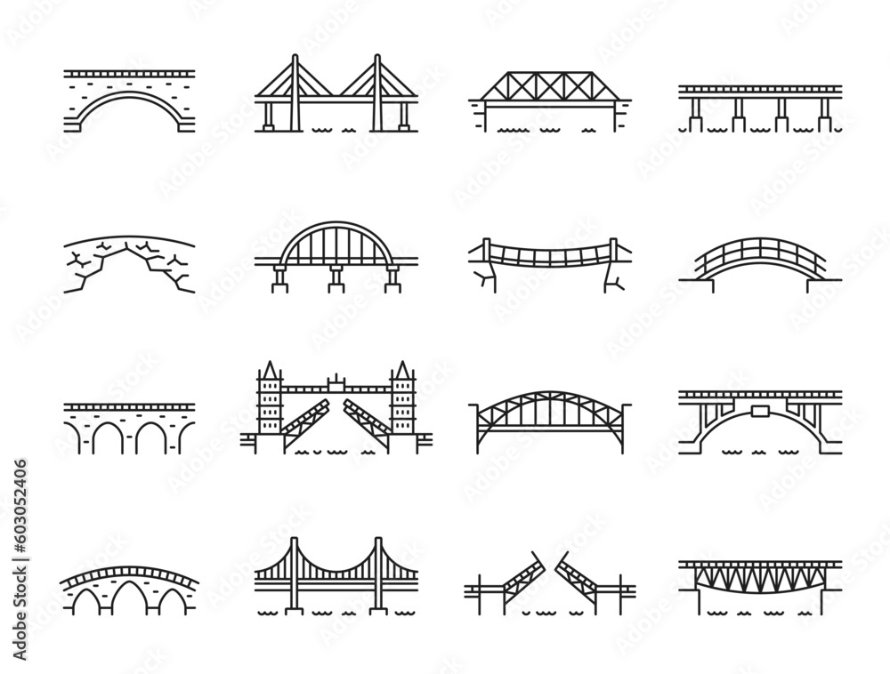 Line bridge icons, viaduct arches over river or railway road bridges ...