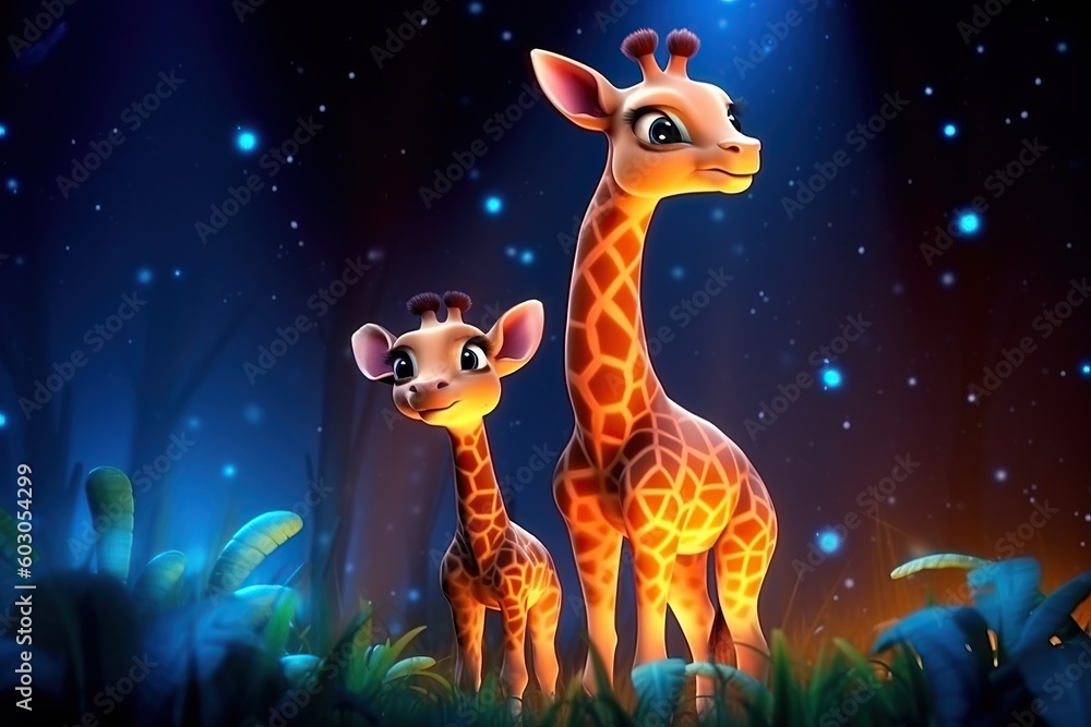 cute adorable baby ziraffe with mother ziraffe by night with blue light ...