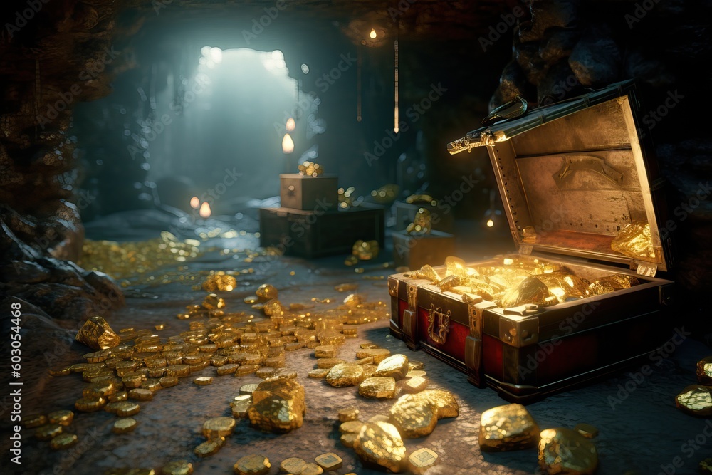 Cave with a treasure with coffers full of gold, generative ai Stock ...